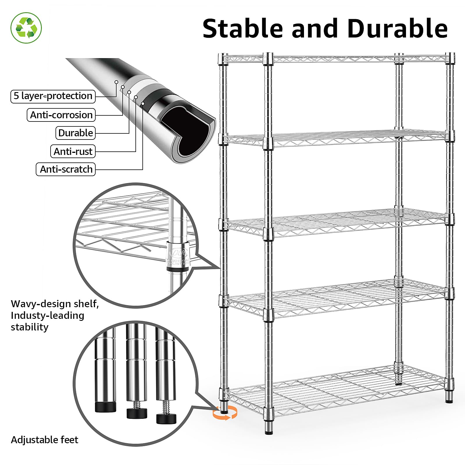 MZG 1250 lbs Steel Heavy Duty 5-Tier Utility Shelving Unit Steel Organizer Wire Rack for Home,Kitchen,Office,Chrome (13.7" D x 23.6" W x 62.4" H)