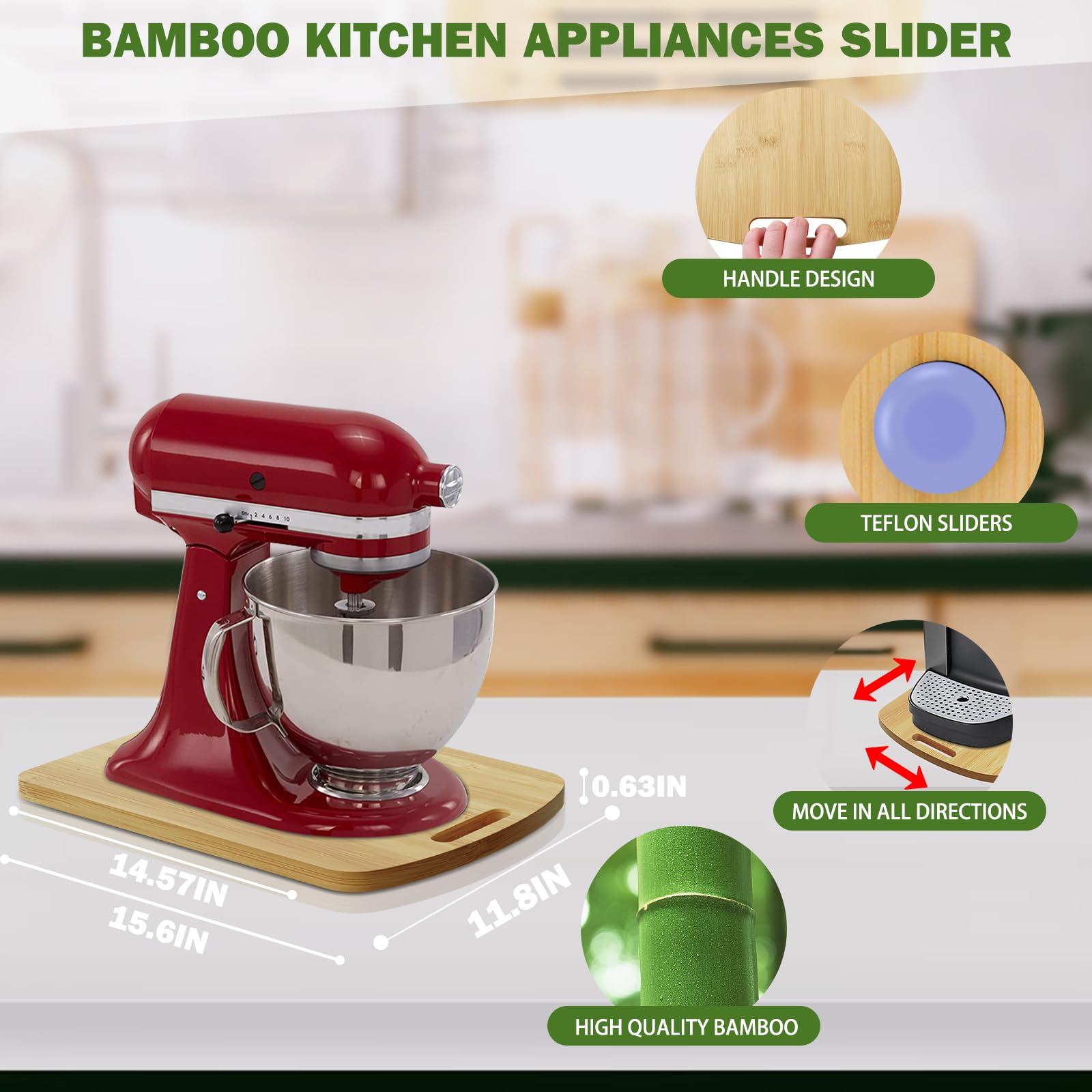 Large Appliance Sliders for Kitchen Appliances - Bamboo Sliding Tray Compatible with Keurig Coffee Maker, Small Appliance Slider Tray for Coffee Maker, Stand Mixer, Air Fryer - Long (11.8" x 15.6")