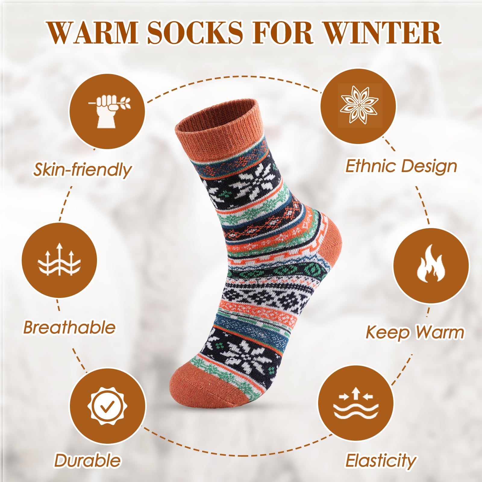 coclothy Women's 5 Pairs Thick Wool Socks, Argyle, Free Size, Cold Weather, Knit, Comfortable, Crew Length, Hiking, Socks