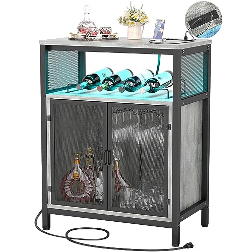 Unikito Wine Bar Cabinet with RGB Light and Outlet, FreeStanding Wine Rack Table, Liquor Cabinet with Glass Holder, Floor Bar Cabinet for Liquor and Glasses for Home Kitchen Dining Room, White Oak