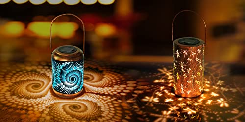 Solar Lanterns Outdoor Hanging Lantern Light, Cool Blue & Dragonfly Set (2 Pack)