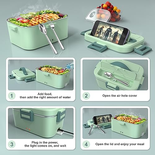 Adocfan Electric Lunch Box 75W 1.8L Food Warmer Heater 12V 24V 110V Faster Heated Lunch Box for Car/Truck/Home Portable Heating Boxes with 304 SS Container Fork & Spoon (Light green)