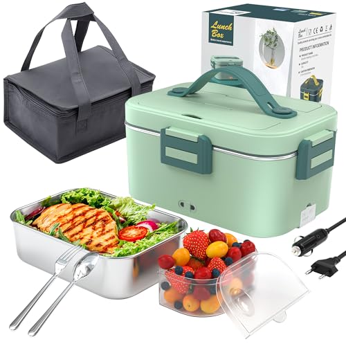 Adocfan Electric Lunch Box 75W 1.8L Food Warmer Heater 12V 24V 110V Faster Heated Lunch Box for Car/Truck/Home Portable Heating Boxes with 304 SS Container Fork & Spoon (Light green)