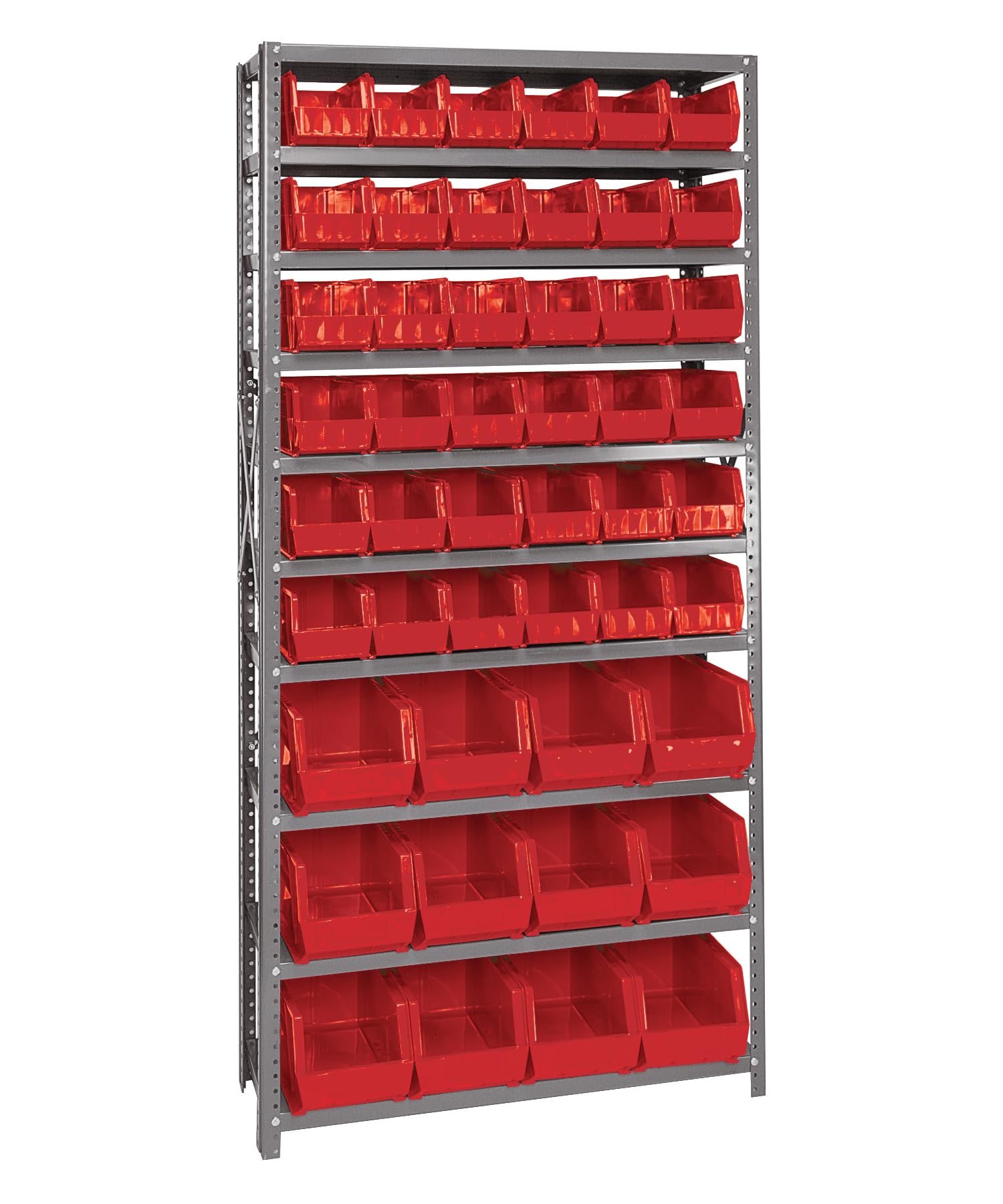Quantum Storage Systems QSBU-230240RD Giant Open Hopper Steel Shelving System, 12" D x 36" W x 75" H, with 10 Shelves and 36 QUS230 and 12 QUS240 Bins, Red