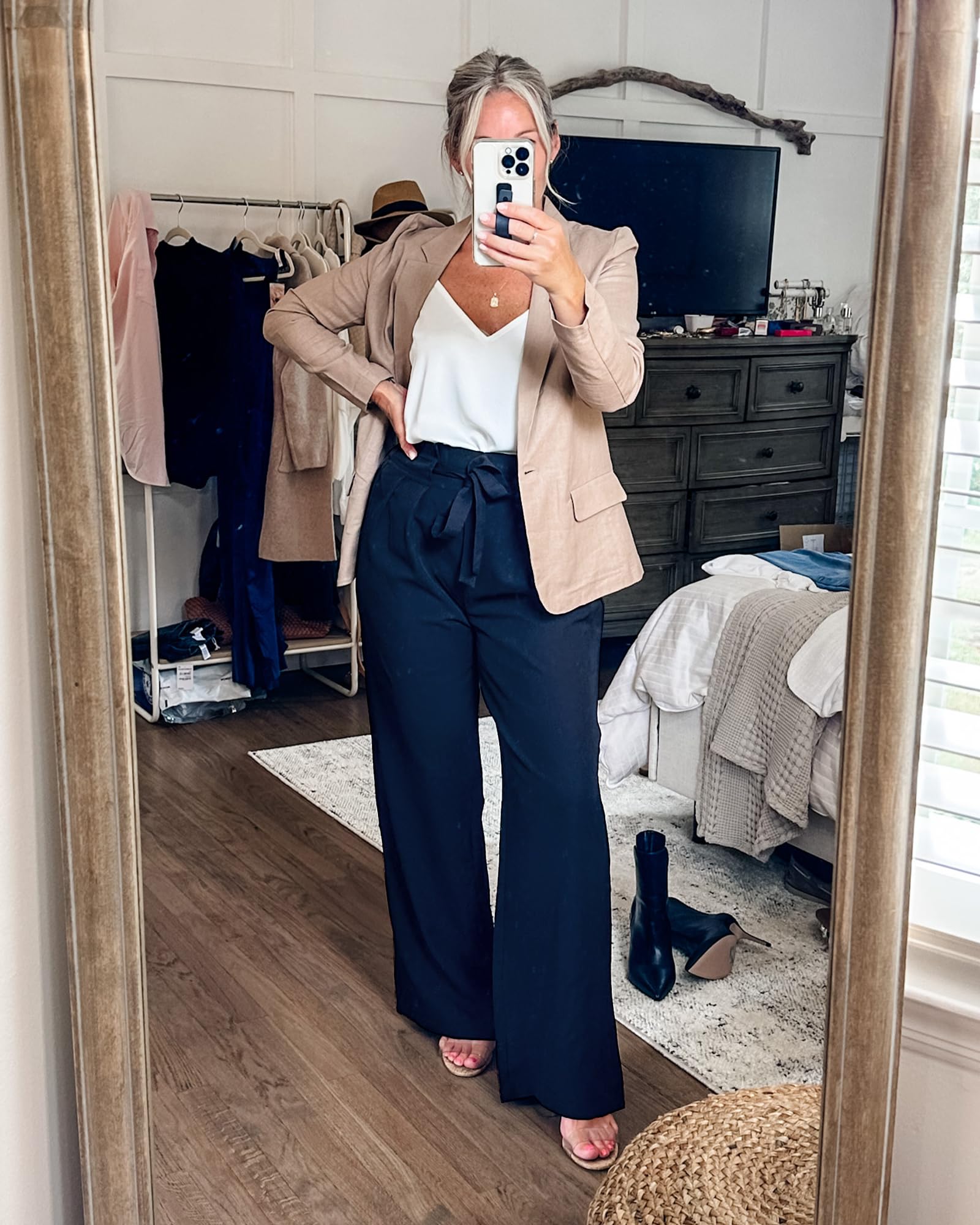 GRAPENT Women's Summer Business Casual Wide Leg Pleated Front Navy Blue Pants Size L