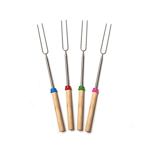Telescoping Marshmallow Roasting Sticks with Wooden Handle 32-inch Extendable Sturdy Stainless Steel Roasting Forks for BBQ Extendable Forks Camping Accessories (4)