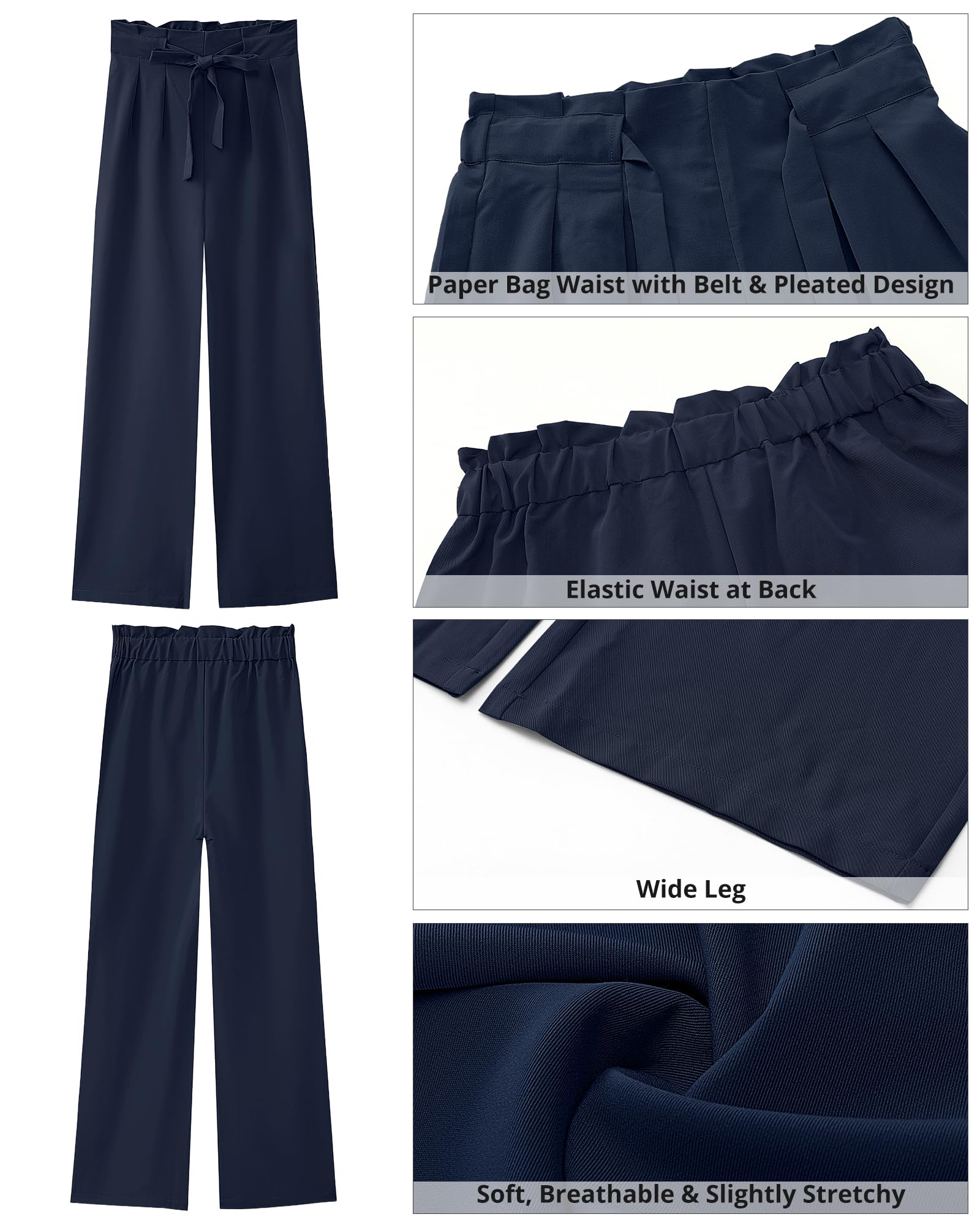GRAPENT Women's Summer Business Casual Wide Leg Pleated Front Navy Blue Pants Size L