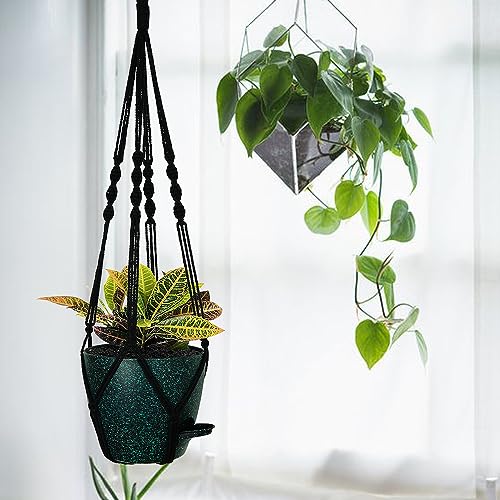 Self Watering Hanging Planters & Macrame Plant Hangers Plastic Flower Pots with Cotton Rope Hanging Baskets for Indoor Outdoor Boho Home Decor Black Green Speckled Set of 3
