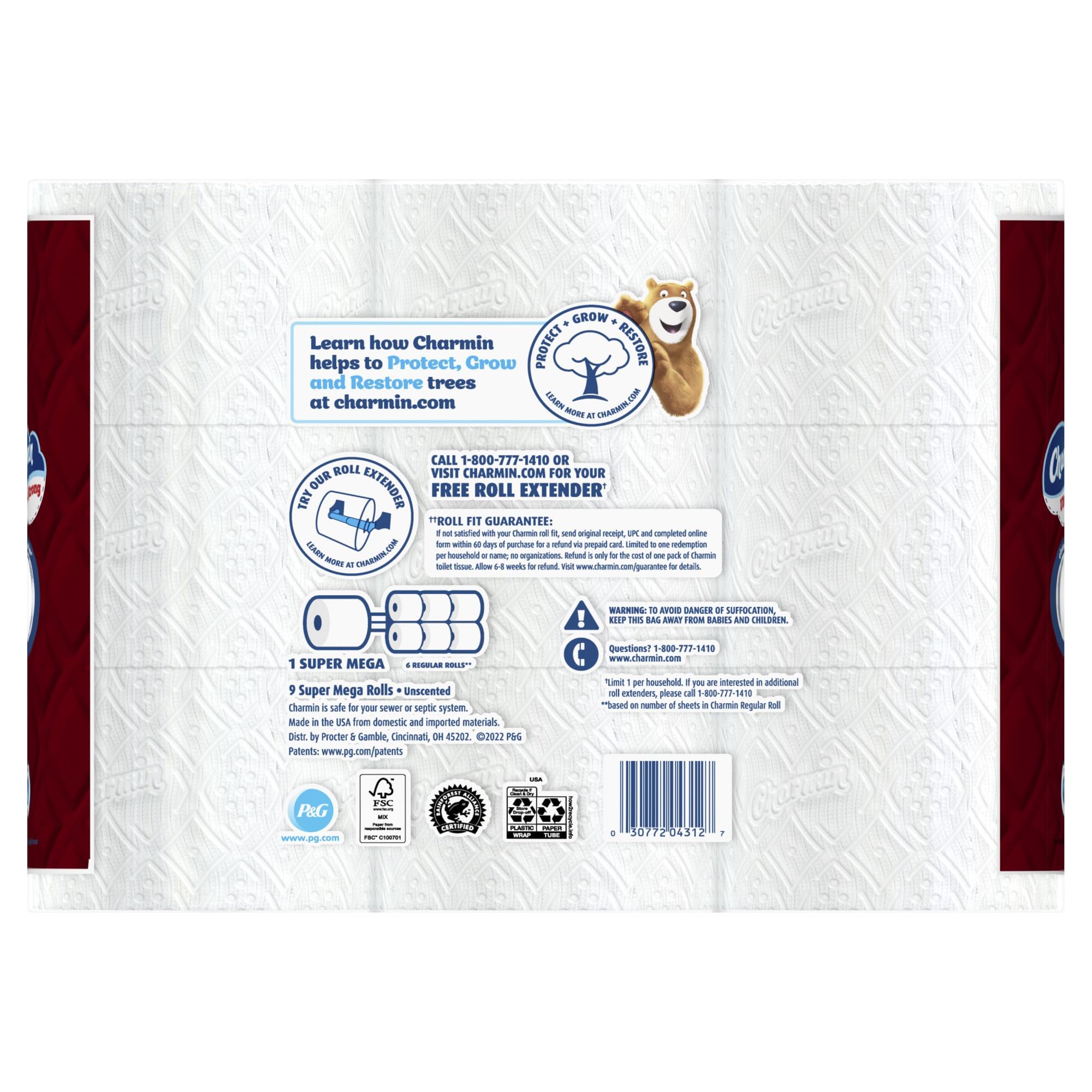 Charmin Ultra Strong Super Mega 2-Ply Toilet Paper Rolls, 4" x 4", White, 363 Sheets Per Roll, Pack Of 9 Rolls