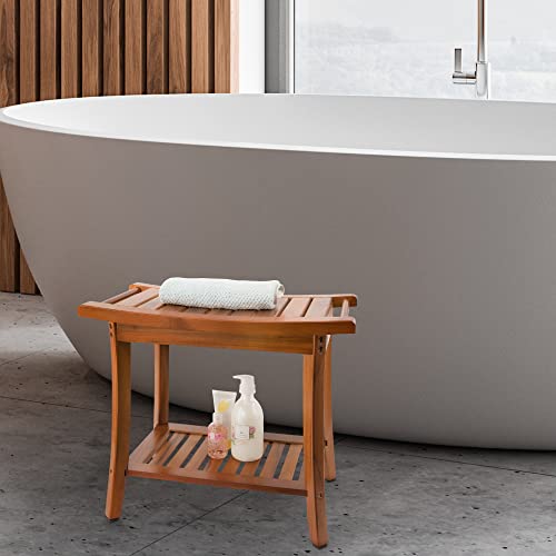 Utoplike Teak Shower Bench Seat with Handles, Portable Wooden Spa Bathing Stool with Storage Towel Shelf, 22" x 13" x 18.6",Waterproof,Perfect for Indoor and Outdoor Use