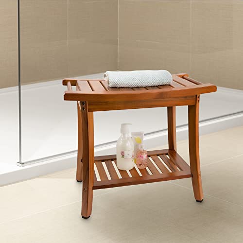 Utoplike Teak Shower Bench Seat with Handles, Portable Wooden Spa Bathing Stool with Storage Towel Shelf, 22" x 13" x 18.6",Waterproof,Perfect for Indoor and Outdoor Use