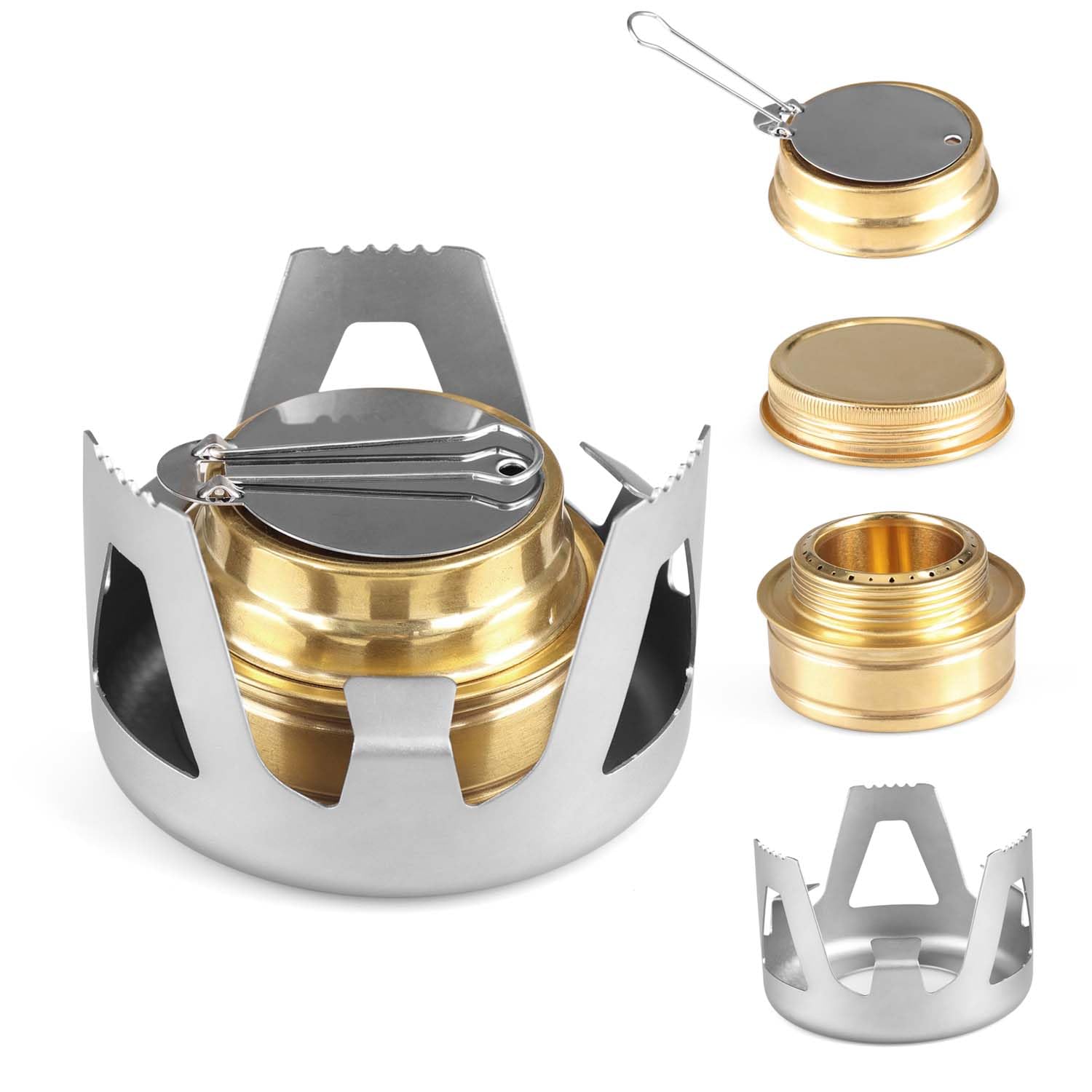Mini Alcohol Backpacking Stove,Lightweight Brass Spirit Burner with Aluminium Stand, Portable Backpacking Stove for Camping, Hiking,Picnic (Gold)