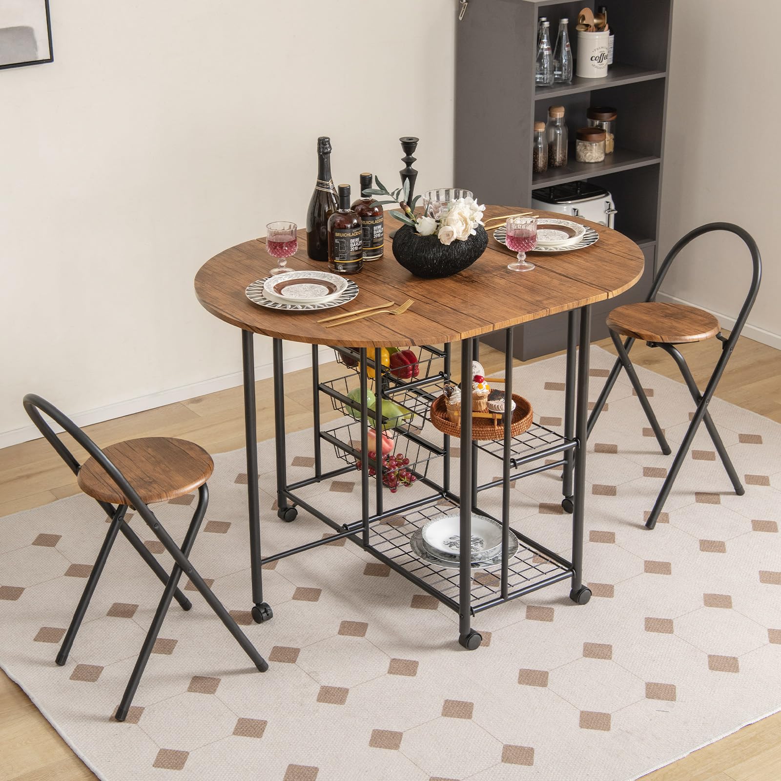 COSTWAY 3 Piece Dining Table & Chair Set, Versatile Collapsible Table with 2 Storage Shelves & 4 Pull-Out Baskets, Drop Leaf Table with 2 Folding Stools for Kitchen, Dining Room, Rustic Brown