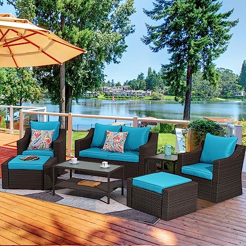 Kiss the Water Outdoor Patio Furniture Sets, 7 Pieces Outdoor Sectional Rattan Sofa Set, Brown PE Wicker Patio Conversation Sets with 10 PCS Lake Blue Washable Cushion and Tempered Glass Table