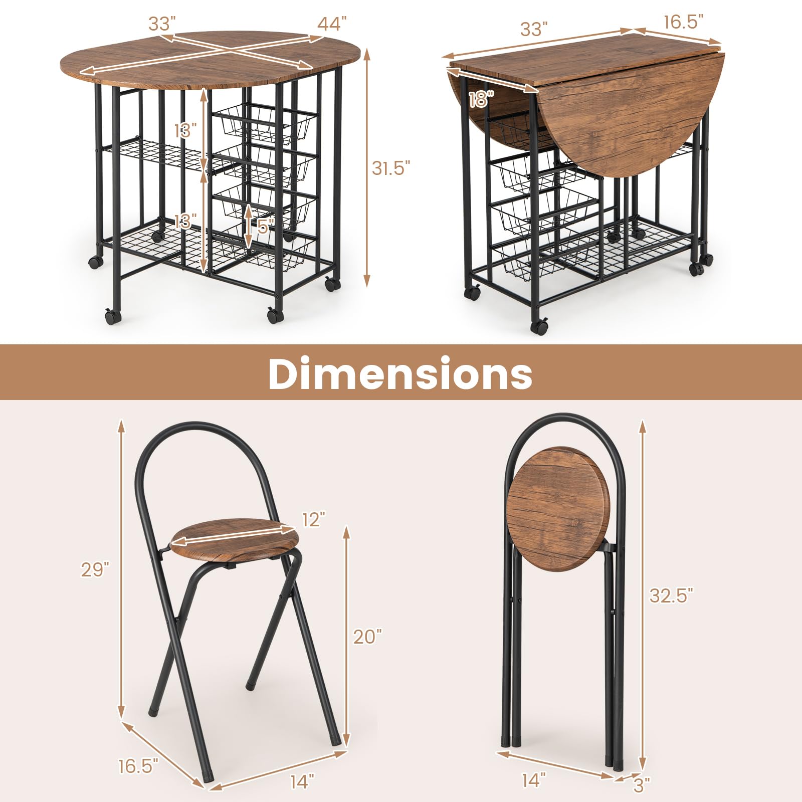 COSTWAY 3 Piece Dining Table & Chair Set, Versatile Collapsible Table with 2 Storage Shelves & 4 Pull-Out Baskets, Drop Leaf Table with 2 Folding Stools for Kitchen, Dining Room, Rustic Brown