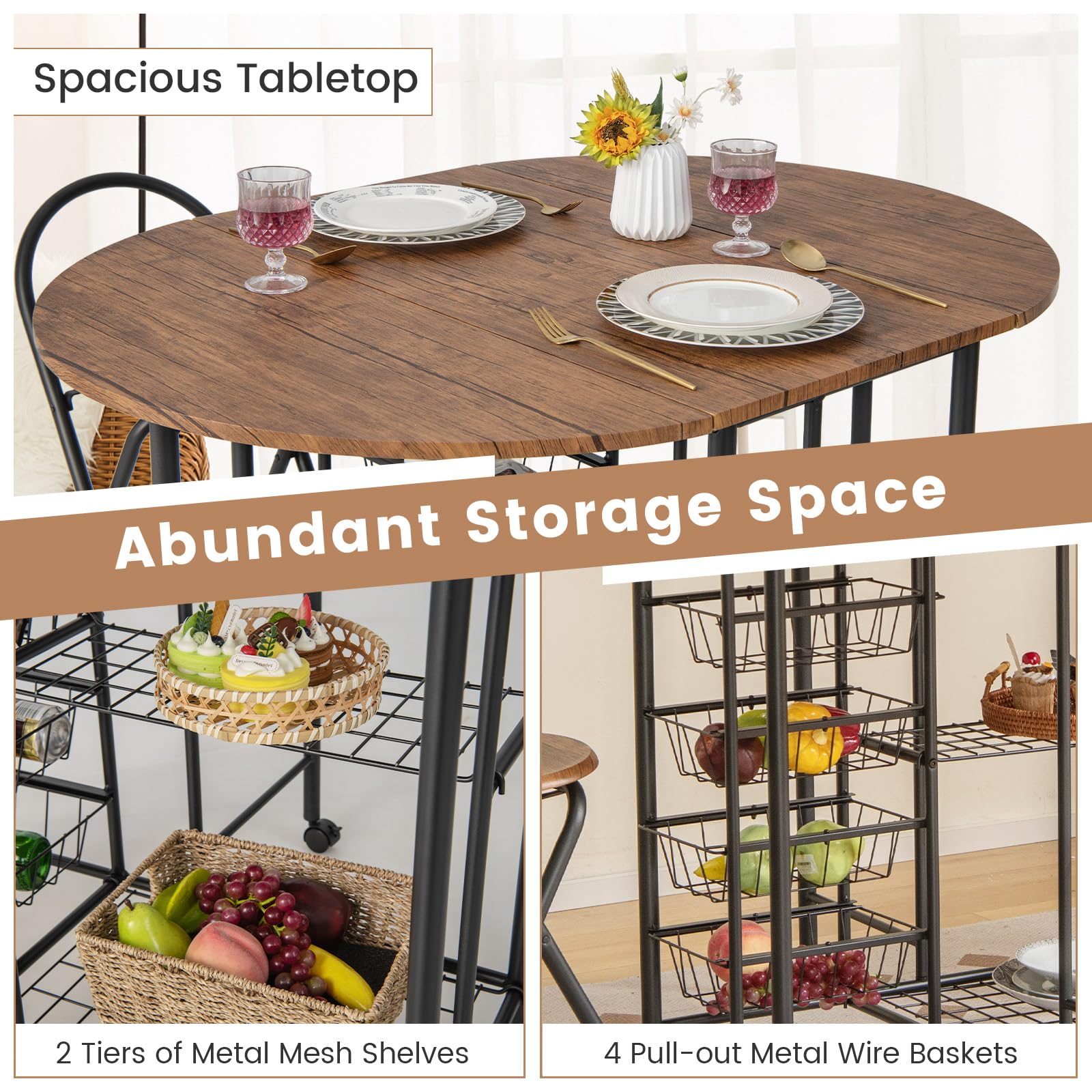 COSTWAY 3 Piece Dining Table & Chair Set, Versatile Collapsible Table with 2 Storage Shelves & 4 Pull-Out Baskets, Drop Leaf Table with 2 Folding Stools for Kitchen, Dining Room, Rustic Brown