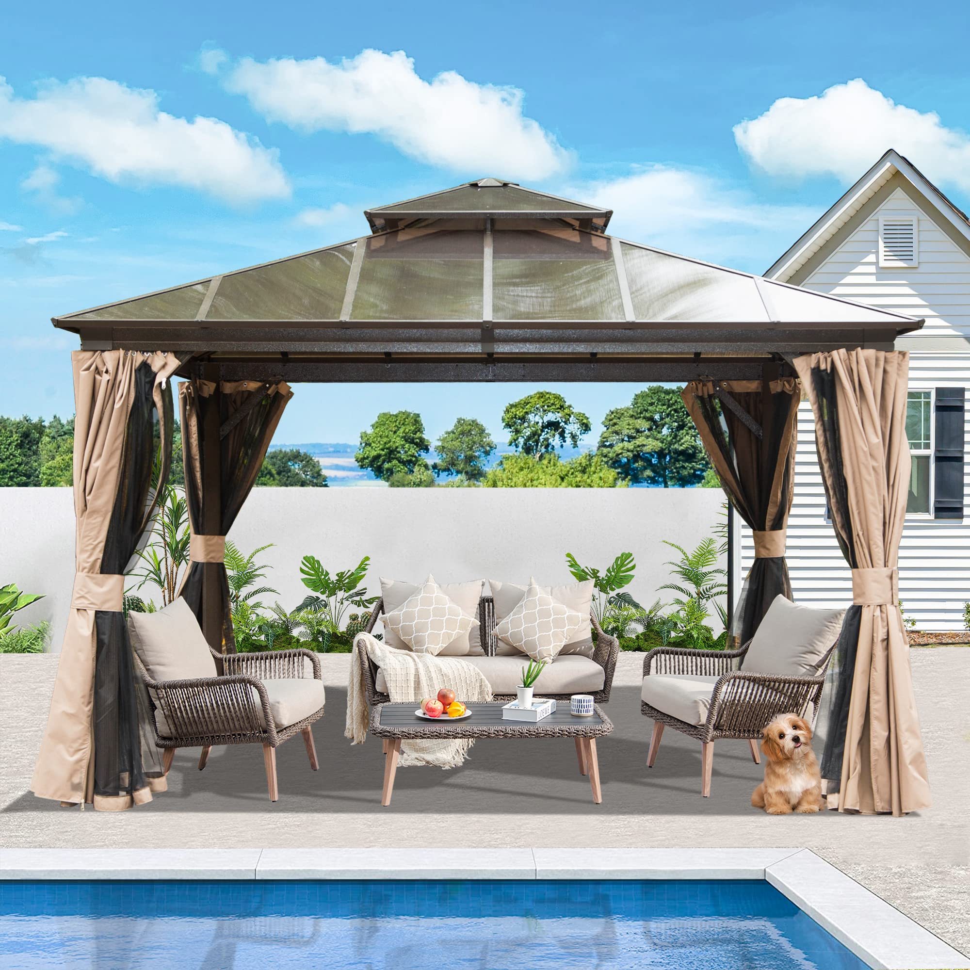 Domi Outdoor Living 12’ x 12’ Hardtop Gazebo, Outdoor Aluminum Frame Canopy with Polycarbonate Double Roof, Outdoor Permanent Metal Pavilion with Curtains and Netting for Patio, Backyard and Lawn