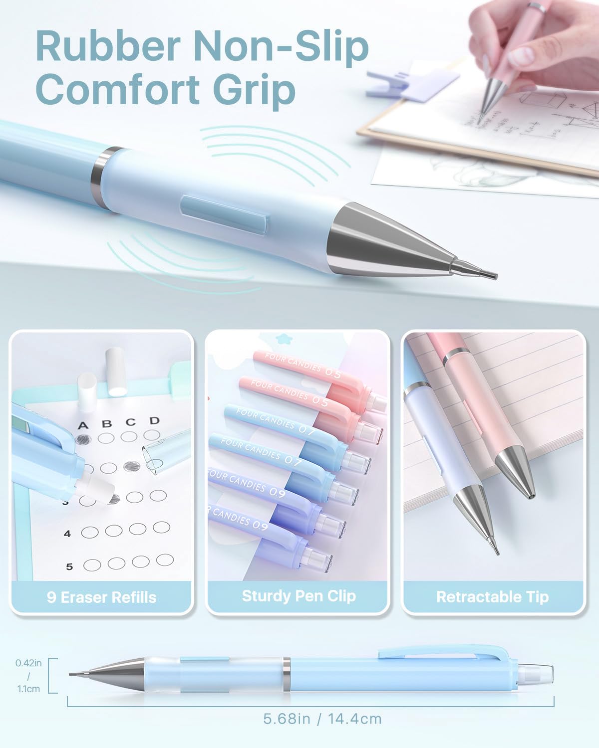 Four Candies Cute Mechanical Pencil Set 0.5 mm & 0.7mm & 0.9mm, with HB #2 Lead Refills, Pastel Erasers & Eraser Refills, 16-Count Pack, Aesthetic School Supplies for Writing, Drawing and Sketching