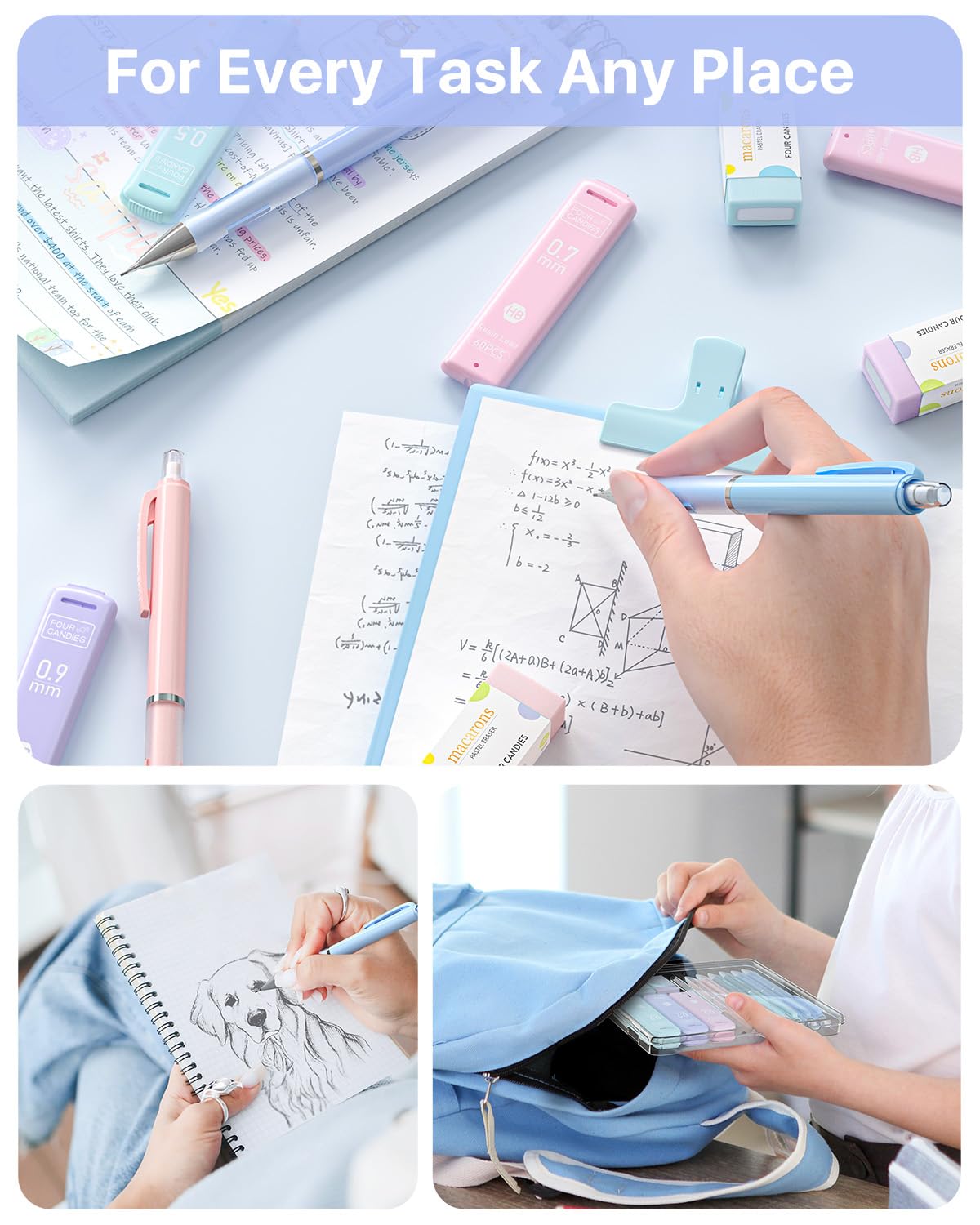 Four Candies Cute Mechanical Pencil Set 0.5 mm & 0.7mm & 0.9mm, with HB #2 Lead Refills, Pastel Erasers & Eraser Refills, 16-Count Pack, Aesthetic School Supplies for Writing, Drawing and Sketching