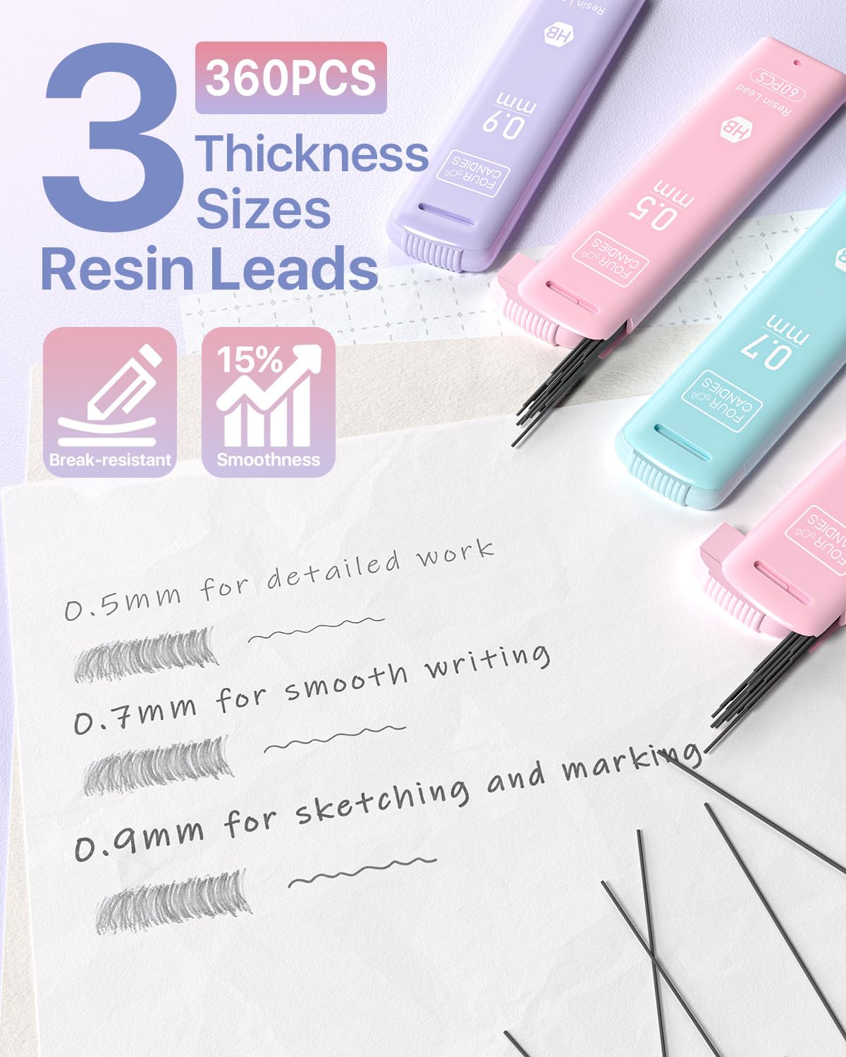 Four Candies Cute Mechanical Pencil Set 0.5 mm & 0.7mm & 0.9mm, with HB #2 Lead Refills, Pastel Erasers & Eraser Refills, 16-Count Pack, Aesthetic School Supplies for Writing, Drawing and Sketching