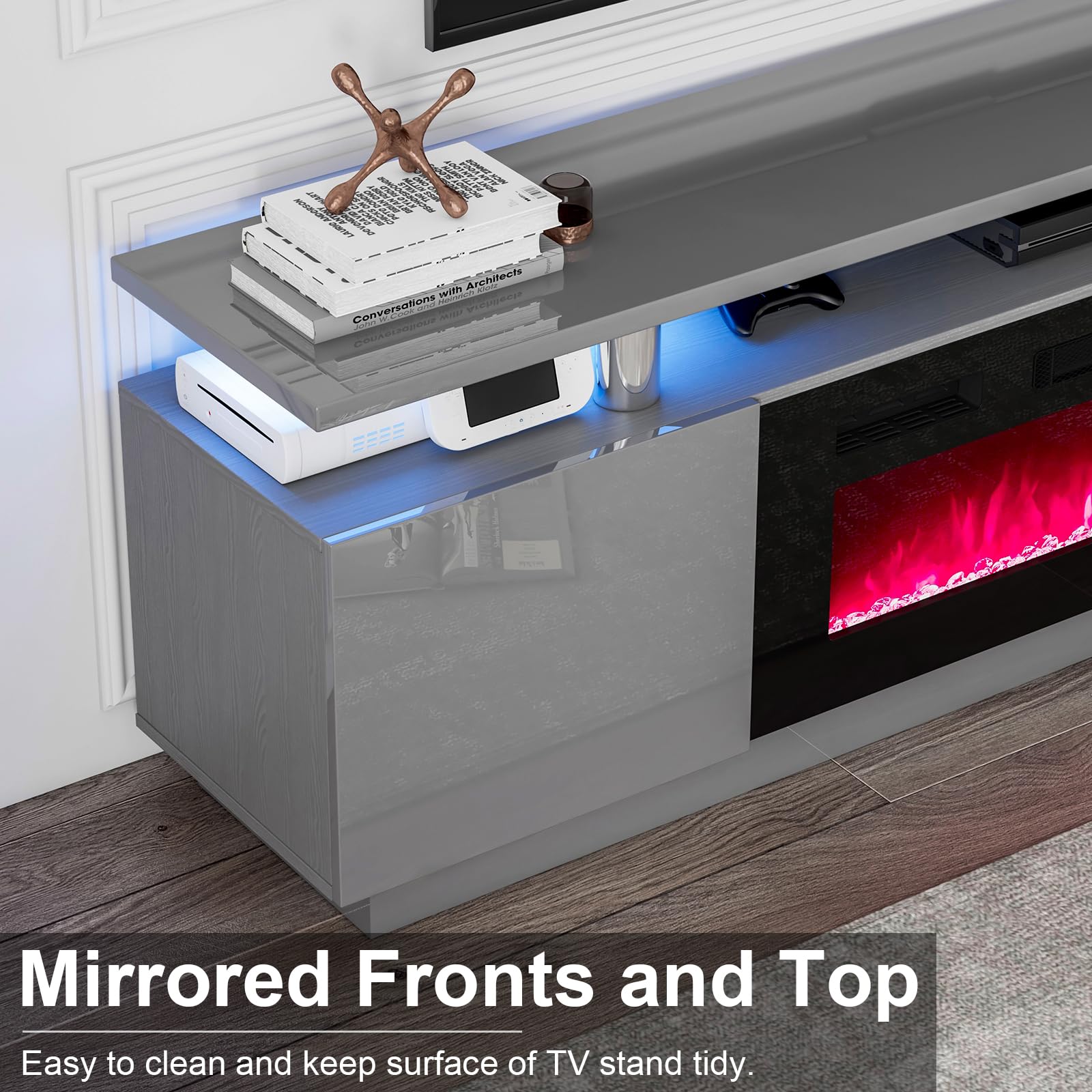 LUXOAK 80" Fireplace TV Stand, Modern LED Entertainment Center with 40" Electric Fireplace, High Gloss Finish Media Console with Storage for TVs Up to 90", Grey