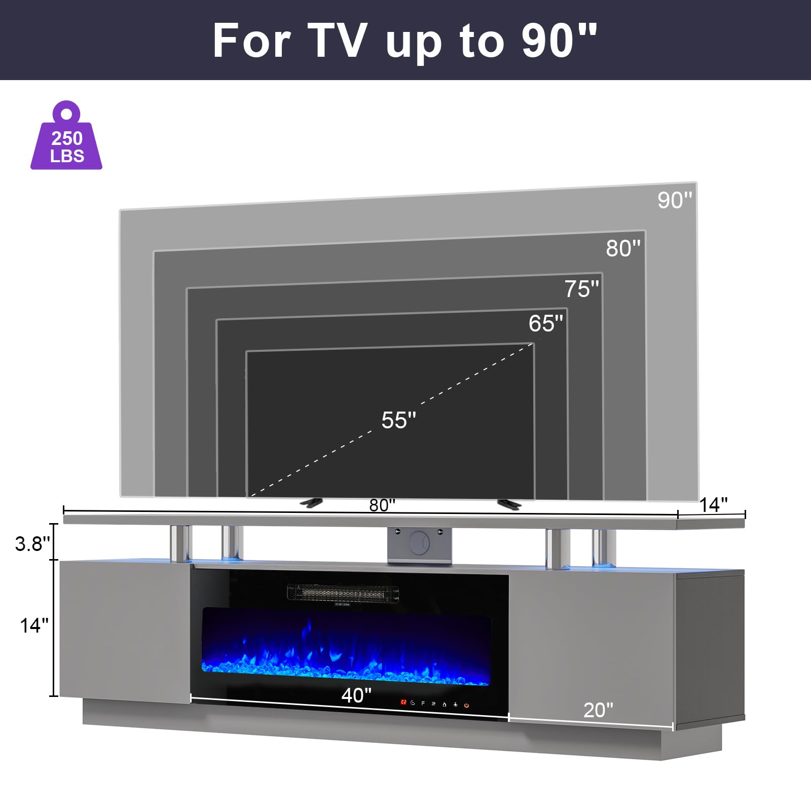 LUXOAK 80" Fireplace TV Stand, Modern LED Entertainment Center with 40" Electric Fireplace, High Gloss Finish Media Console with Storage for TVs Up to 90", Grey
