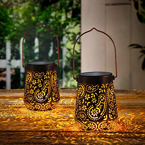 Solar Outdoor Lanterns with Hanging Handle Metal Gift Waterproof LED Light for Garden Patio Yard Pathway Decorations (2 Pack)