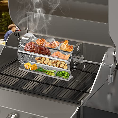 onlyfire 18 inch Round Tumble Rotisserie Basket Cooking Accessory,Stainless Steel BBQ Grill Rotisserie Rotating Trays Fits for 1/2" & 3/8" Hexagon,3/8" & 5/16" Square Spit Rods