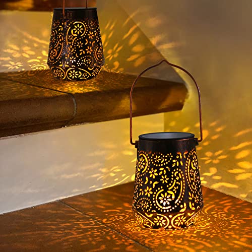 Solar Outdoor Lanterns with Hanging Handle Metal Gift Waterproof LED Light for Garden Patio Yard Pathway Decorations (2 Pack)
