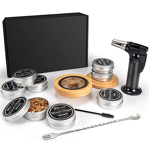 Cocktail Smoker Kit with Torch,8 Kinds of Wood Chips,Old Fashioned Cocktail Drink Smoke Kit,Bourbon,Whiskey Smoker Infuser Kit,Birthday&Father Day Bourbon Whiskey Gift for Men,Dad,Husband (No Butane)
