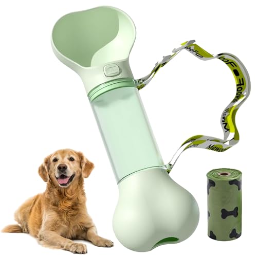 Dog Water Bottle Portable - Leak Proof Dog Travel Water Bottle for Outdoor Walking and Hiking - Dog Water Bottle Dispenser with Two Poop Bags - Green Water Bottle for Dogs with Bowl (10oz)