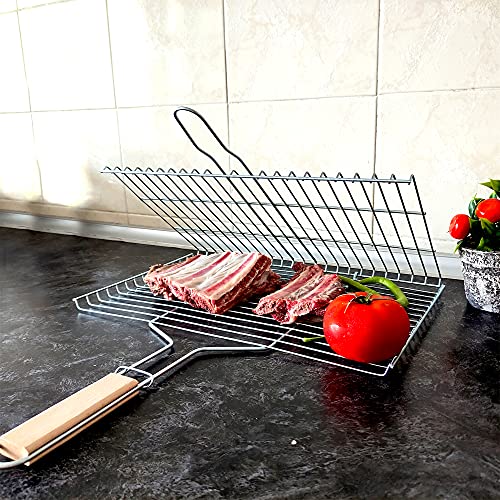 Grilling Basket for Outdoor Grill, Barbecue Basket for Fish, Steak, Chicken, Vegetables, Shish Kabob and Shrimp, Large Lockable Basket with Wooden Handle, Sturdy BBQ Accessories, 11 x 18 in
