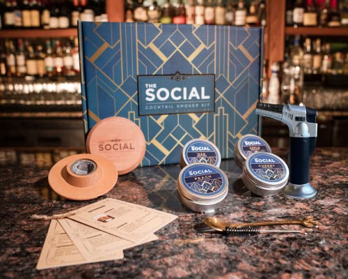 THE SOCIAL Cocktail Smoker Kit - with Torch and Wood Chips for Whiskey, Bourbon, Old Fashioned, Manhattan, infuse your favorite cocktails and wine. Perfect for entertaining and gifting!