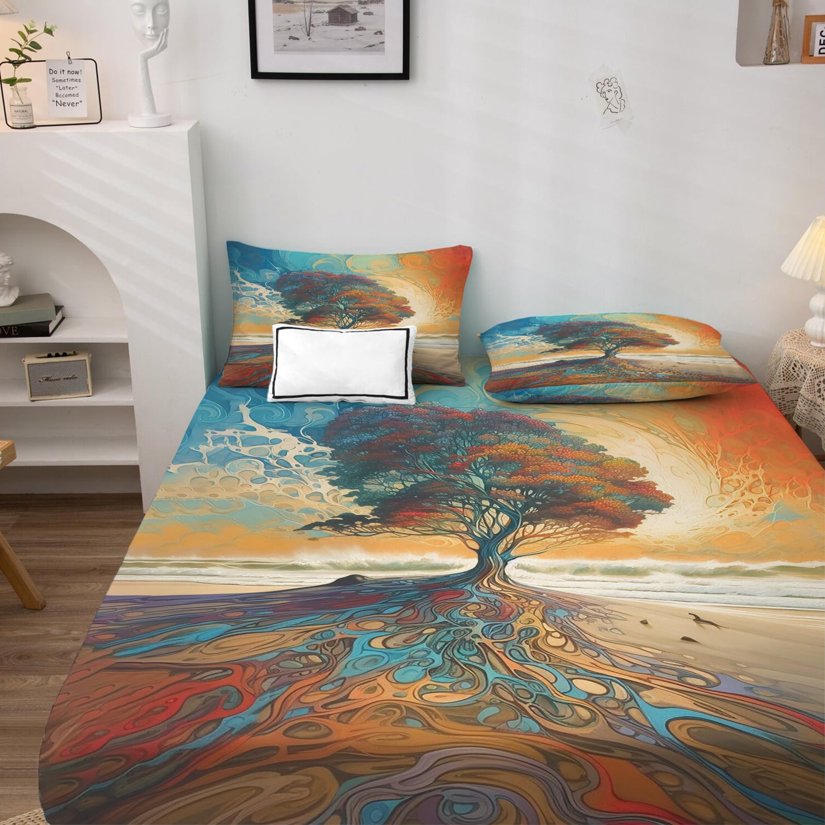 Tree of Life Sheets Full Size, Sun Bed Sheets, Patterned Bedding Sheets & Pillowcases 4 Piece Set - Soft Microfiber Deep Pocket Fitted Sheet & Flat Sheet & 2 Pillow Cases A3-&-198
