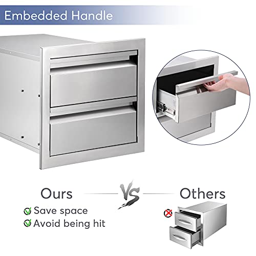 Seeutek Outdoor Kitchen Drawers Stainless Steel, 14W x 14.4H x 23.2D Inch Flush Mount Double Drawers with Embedded Handle, BBQ Drawers for Outdoor Kitchens or BBQ Island Patio Grill Station