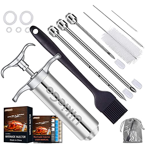UikieGo 2oz Heavy duty 304 Stainless Steel Meat Marinade Injector Include User Manual (Paper Book) and BBQ Guide E-Book (PDF) for Smoker BBQ Grill Roast (Stoage Bag)