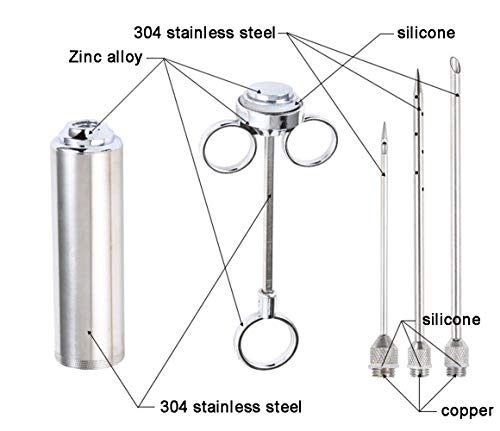 UikieGo 2oz Heavy duty 304 Stainless Steel Meat Marinade Injector Include User Manual (Paper Book) and BBQ Guide E-Book (PDF) for Smoker BBQ Grill Roast (Stoage Bag)