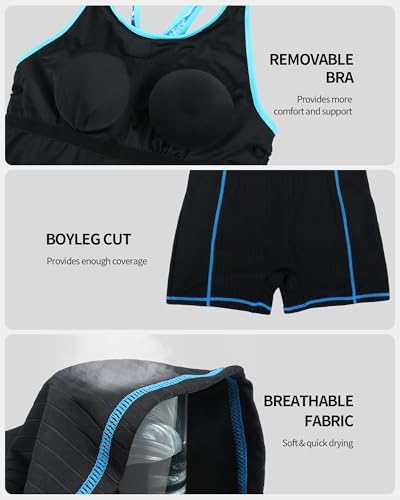 beautyin Women's One Piece Swimsuits Athletic Boyleg Bathing Suits Sports Swimwear Black/Blue