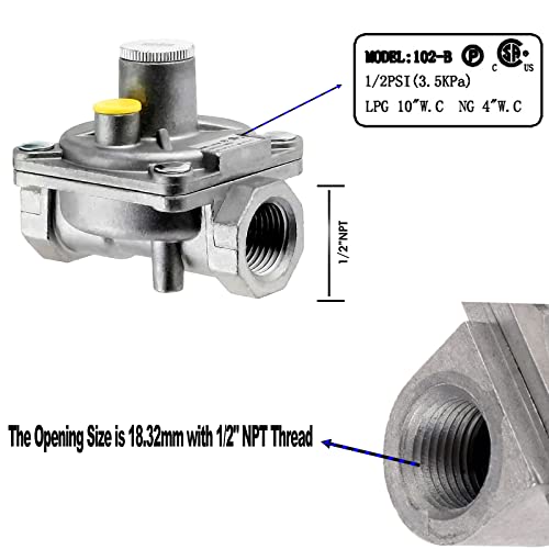 Guofulda 1/2'' Natural Gas Regulator, Inlet Pressure:1/2ββ PSIG, Outlet Pressure LPG 5" W.C, 1/2"-14NPT Grill Regulator for NG Gas Low Pressure Regulator with Gas Line Thread Tape