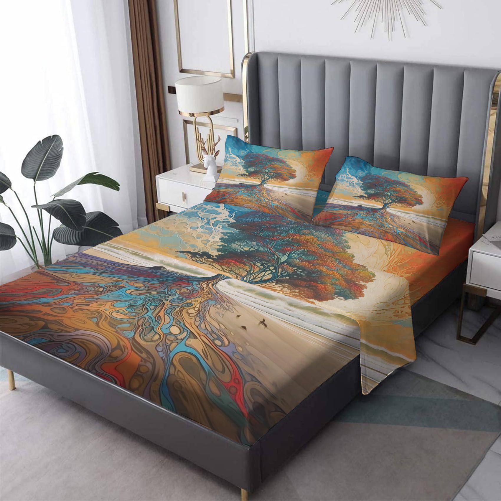 Tree of Life Sheets Full Size, Sun Bed Sheets, Patterned Bedding Sheets & Pillowcases 4 Piece Set - Soft Microfiber Deep Pocket Fitted Sheet & Flat Sheet & 2 Pillow Cases A3-&-198