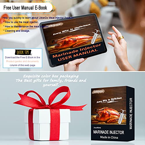 UikieGo 2oz Heavy duty 304 Stainless Steel Meat Marinade Injector Include User Manual (Paper Book) and BBQ Guide E-Book (PDF) for Smoker BBQ Grill Roast (Stoage Bag)