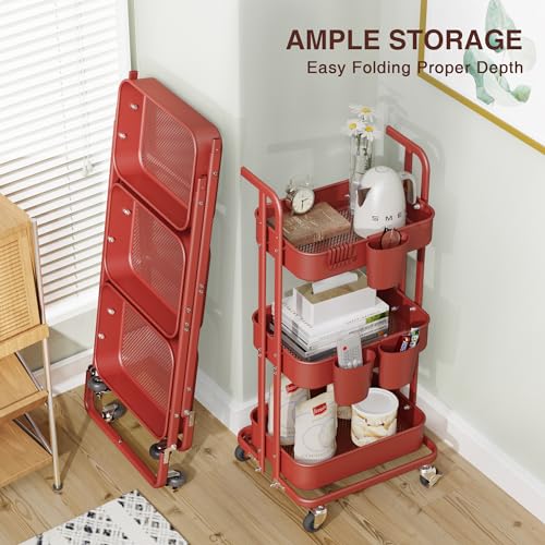 DTK 3 Tier Foldable Rolling Cart, Metal Utility Cart with Lockable Wheels, Folding Storage Trolley for Living Room, Kitchen, Bathroom, Bedroom and Office, Red