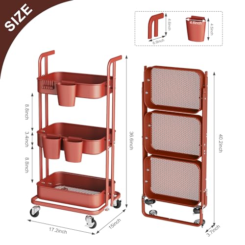 DTK 3 Tier Foldable Rolling Cart, Metal Utility Cart with Lockable Wheels, Folding Storage Trolley for Living Room, Kitchen, Bathroom, Bedroom and Office, Red