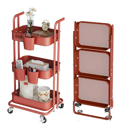 DTK 3 Tier Foldable Rolling Cart, Metal Utility Cart with Lockable Wheels, Folding Storage Trolley for Living Room, Kitchen, Bathroom, Bedroom and Office, Red