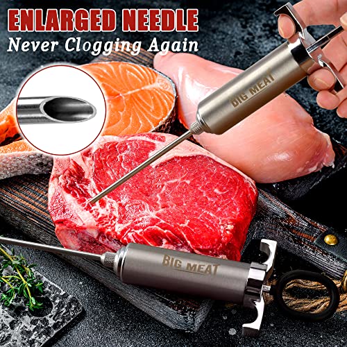 Big Meat Injectors For Smoking - Stainless Steel Meat Injector Syringe Starter Kit, 2oz Marinade Injector Gift Set with 3 Needles, Food Thermometer & Basting Brush - Food Injector