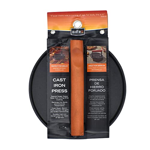 Mr. Bar-B-Q 06681Y Cast Iron Grill Press | Pre-Seasoned Base & Hardwood Handle Burger Press | Cooks Food Evenly | Ridges on Bottom | Keeps Food in Contact with Grill Surface | 7 Inch Cast Iron Press