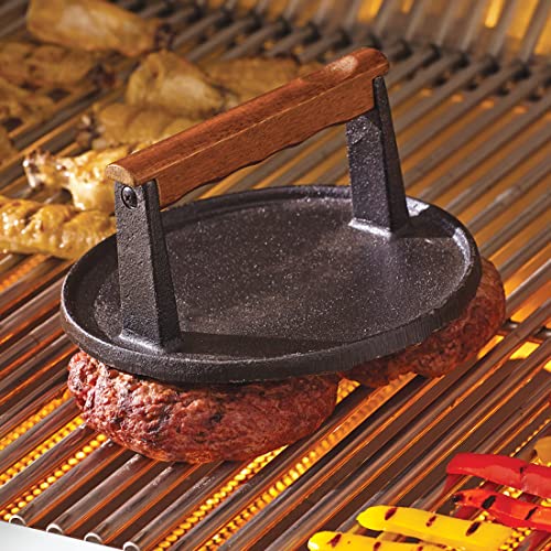 Mr. Bar-B-Q 06681Y Cast Iron Grill Press | Pre-Seasoned Base & Hardwood Handle Burger Press | Cooks Food Evenly | Ridges on Bottom | Keeps Food in Contact with Grill Surface | 7 Inch Cast Iron Press