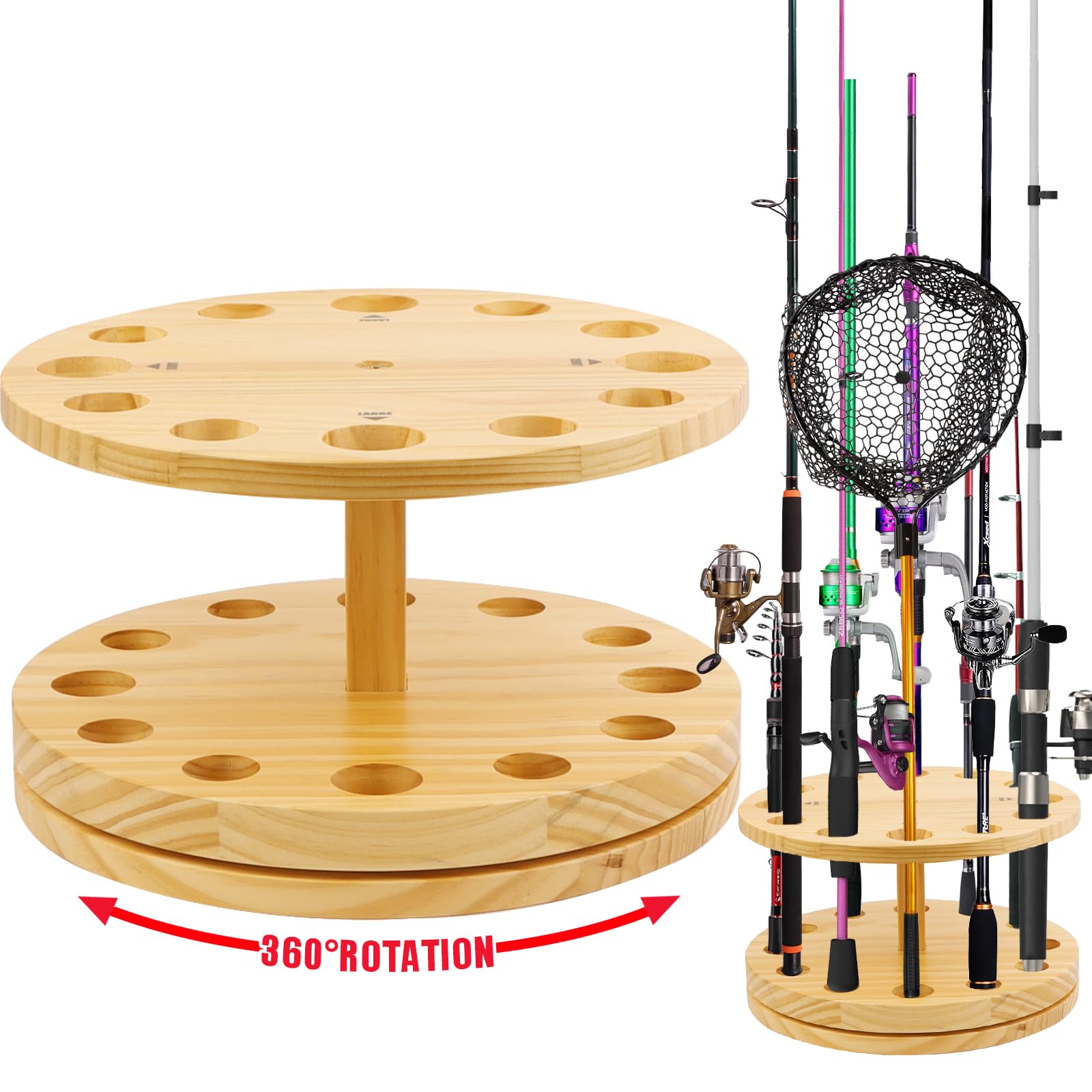 Fishing Rod Holders for Garage, Fishing Rod Organizer, Fishing Pole Stand,Fishing Rod Stand,360 Degree Rotating Vertical Fishing Pole Rack,Wooden Round Floor Stand Fishing Rod Rack Holds up to 12 Rods
