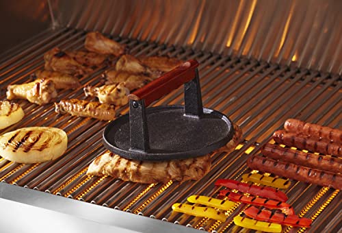 Mr. Bar-B-Q 06681Y Cast Iron Grill Press | Pre-Seasoned Base & Hardwood Handle Burger Press | Cooks Food Evenly | Ridges on Bottom | Keeps Food in Contact with Grill Surface | 7 Inch Cast Iron Press