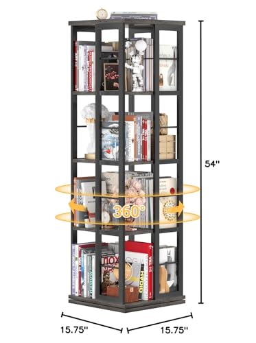 Aheaplus Rotating Bookshelf, Corner Bookshelf, 360 Display Wood Spinning Bookshelf, Floor Standing Bookcase Narrow Shelf Revolving Organizer Storage Rack for Small Space, Bedroom, Study Room, Grey Oak